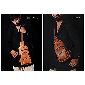 Handmade Buffalo Leather Travel Hiking Crossbody Chest Sling Multipurpose Shoulder Strap Backpack Bag for Men and Womens (Brown, Large)