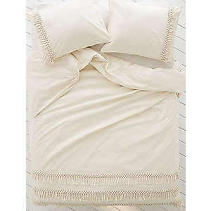 White Duvet Cover Fringed Cotton Tassel Boho Quilt Cover (96inL*104inW)