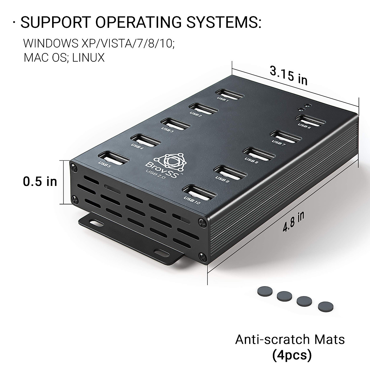 BrovSS: 10 Ports USB 2.0 Powered Hub - USB Extension Splitter with 12V 5A 60W Power Adapter. Connect up to 10 Electronics and USB peripherals. (Black)