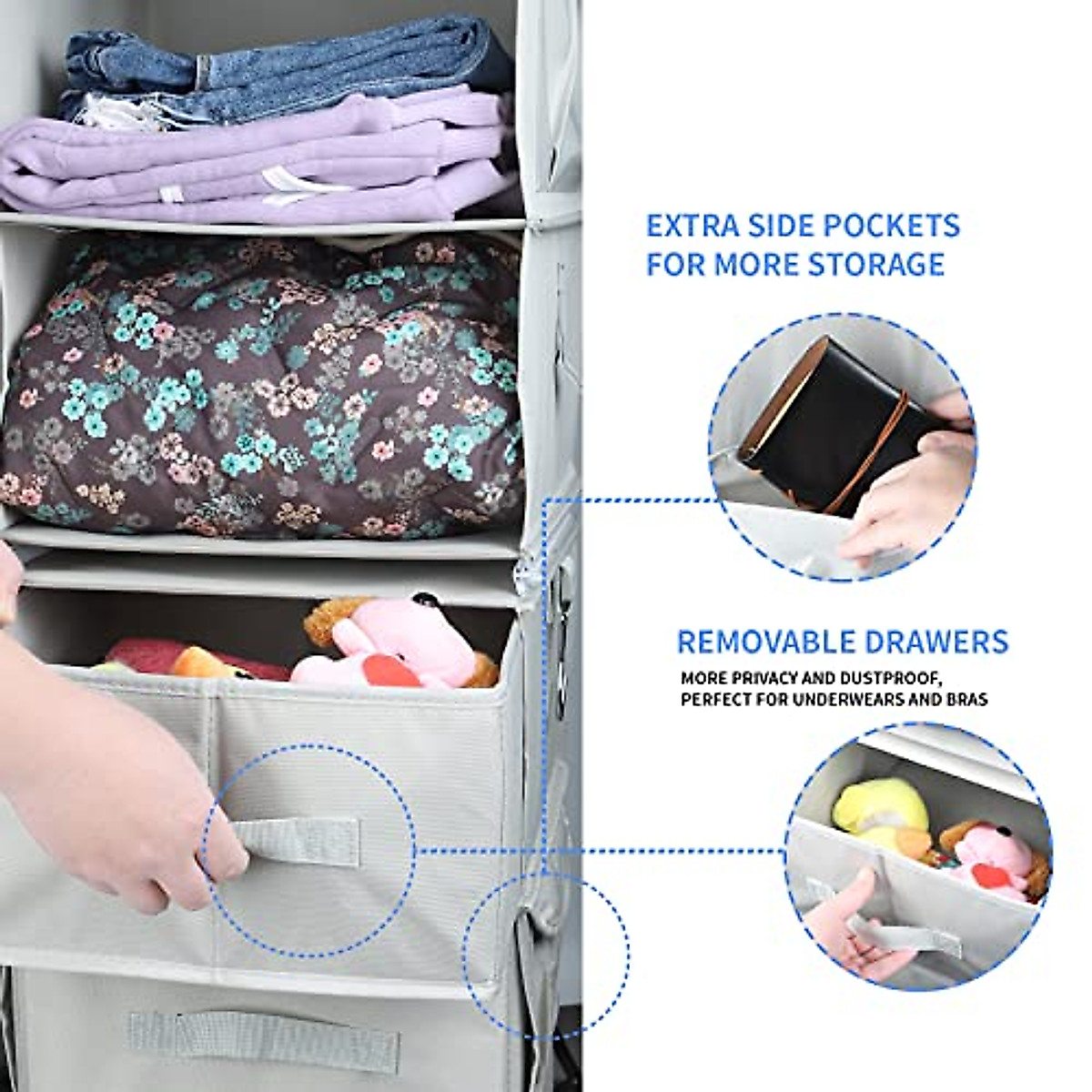 YTYBMW 6 Shelves - Hanging Closet Organizer with 3 Drawers and 4 Side Pockets for Hanging Closet Shelf Storage, Foldable Closet Organizer (Gray)