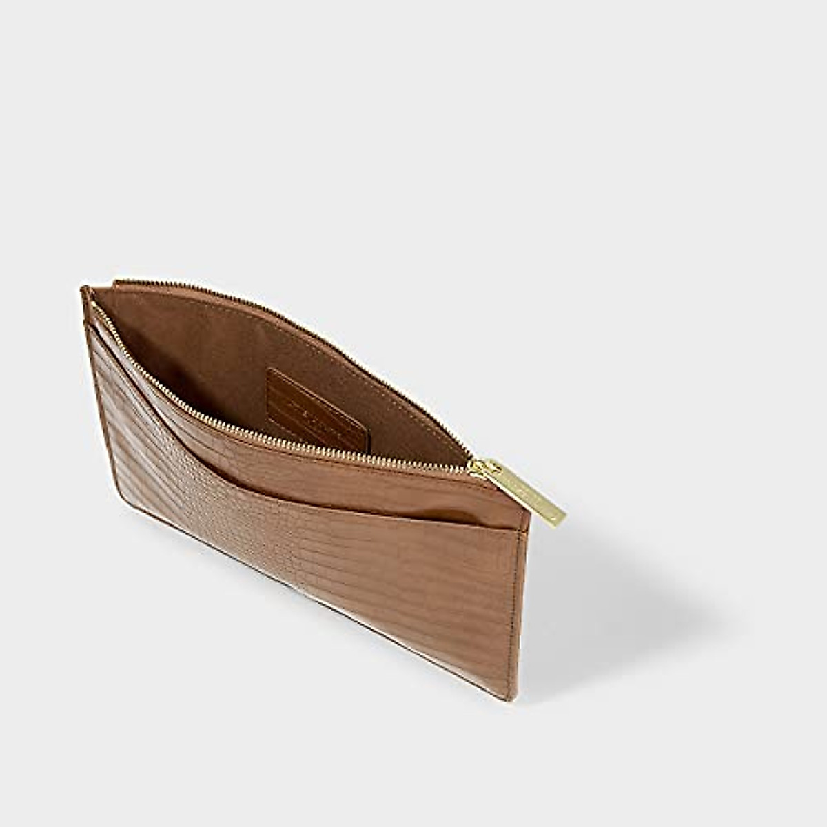 KATIE LOXTON Cara Faux Crocodile Womens Medium Vegan Leather Slip Pocket Clutch Pouch Cognac