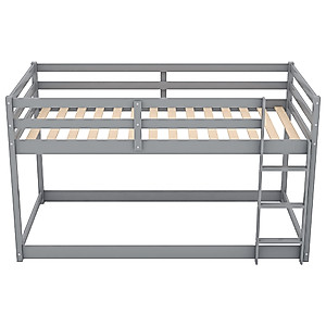 MWrouqfur Twin Over Twin Bunk Bed with Ladder & Safety Guardrails,Solid Pinewood Bedframe,Low Floor BunkBed for Boys and Girls Bedroom,Space Saving,No Box Spring Needed (Gray)