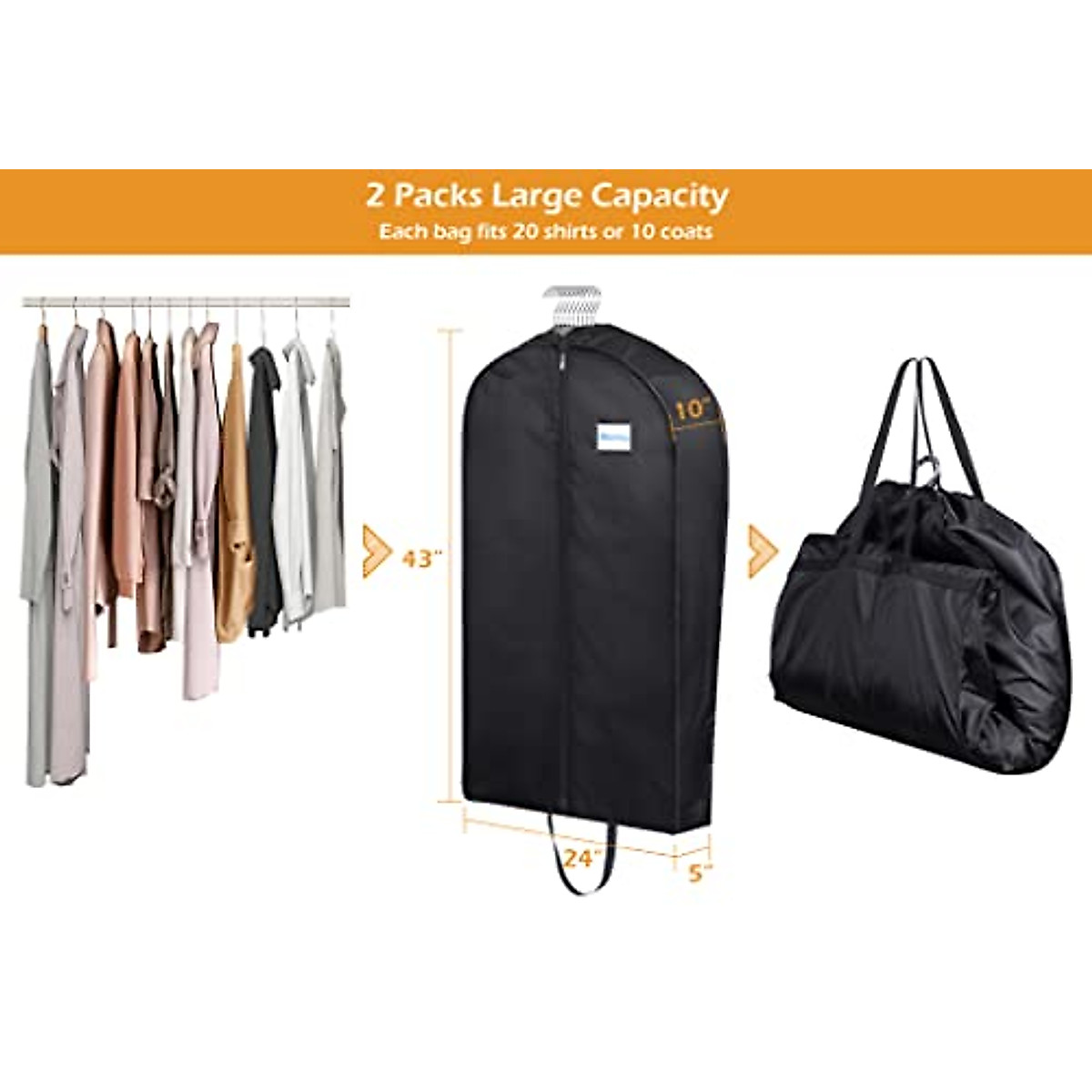 MISSLO 1 Pack 43" Garment Bag + 1 Pack 2 Clothing Rack
