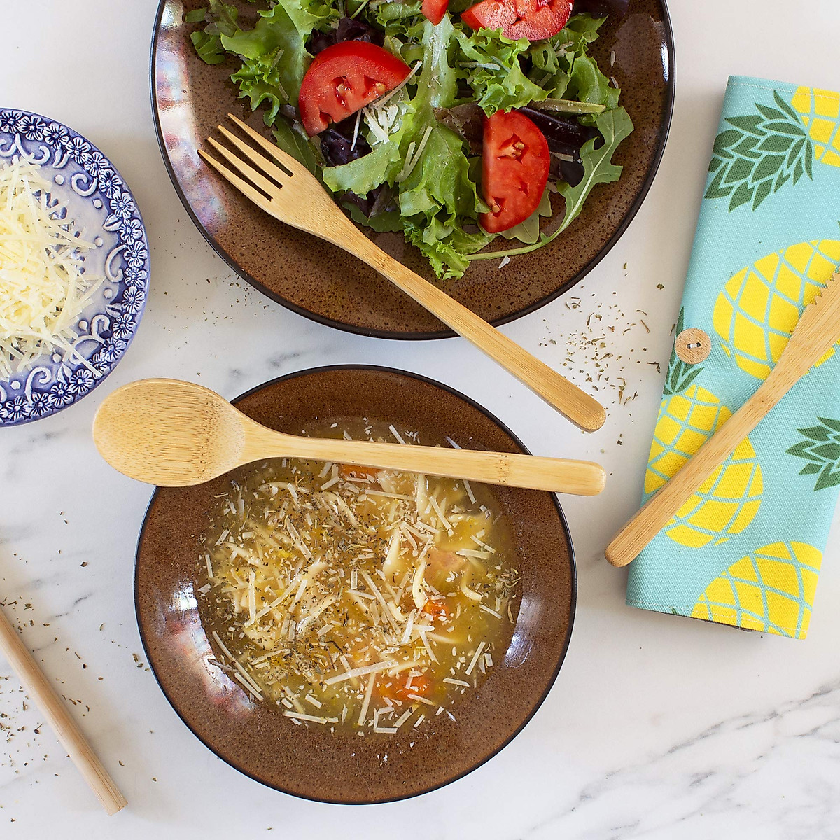 Totally Bamboo Take Along Reusable Bamboo Utensil Set with Straw, Dishwasher Safe, Pineapple Design