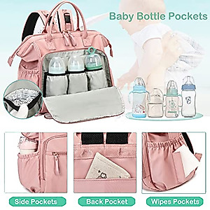 LORADI Convertible Diaper Bag Tote, Wide Open Top 14 Pockets Nappy Backpack with Stroller Clips, Water-resistant (Nylon, Pink)