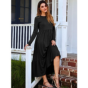 LILLUSORY Womens Long Sleeve Crewneck Ruffle Swing Midi Dress 2023 Fall Casual Loose Tiered Maxi Dresses with Pockets Black