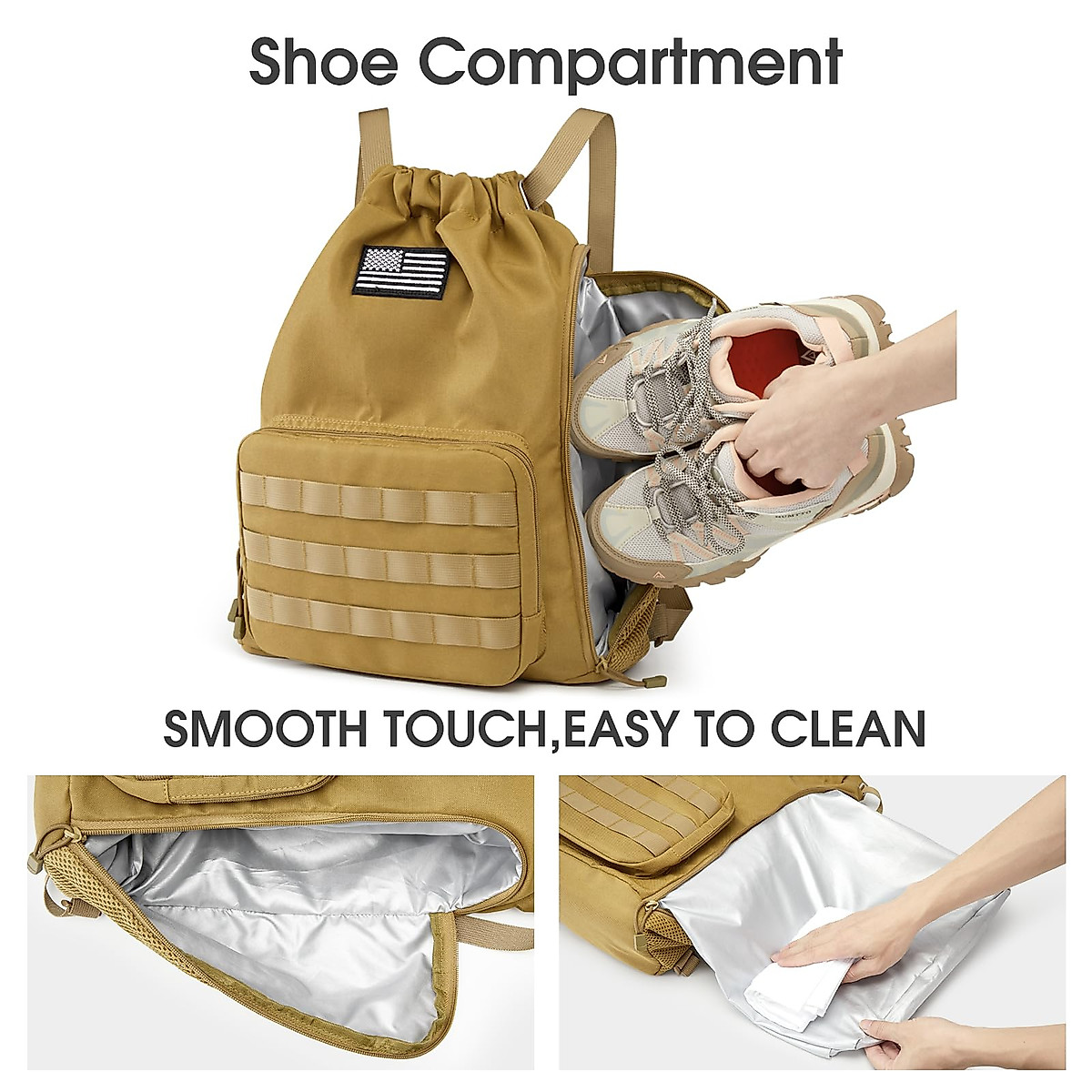 G4Free Drawstring Backpack Gym Backpack Soccer Basketball Bag with Shoes Compartment Tactical Water-Resistant String Sports Bag for Men Women(Tan)