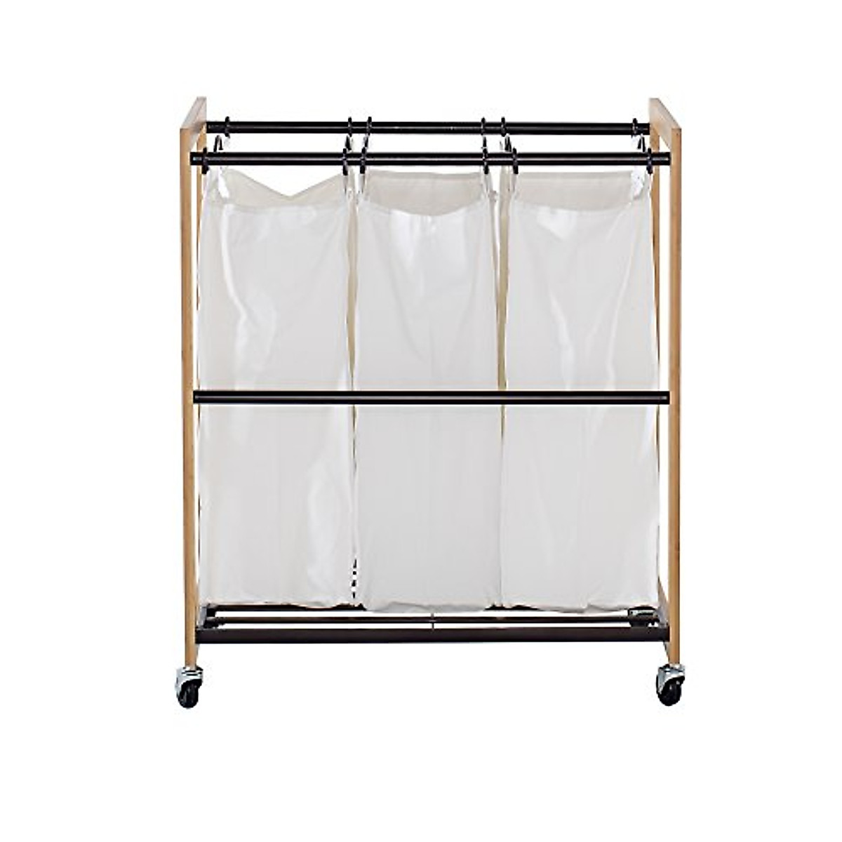 TRINITY 3-Bag Bamboo Laundry Cart, Laundry-Room Organization and Dirty Clothes Hamper with Wheels for Bedroom, Closet, Dorm Room and More, Bronze Poles