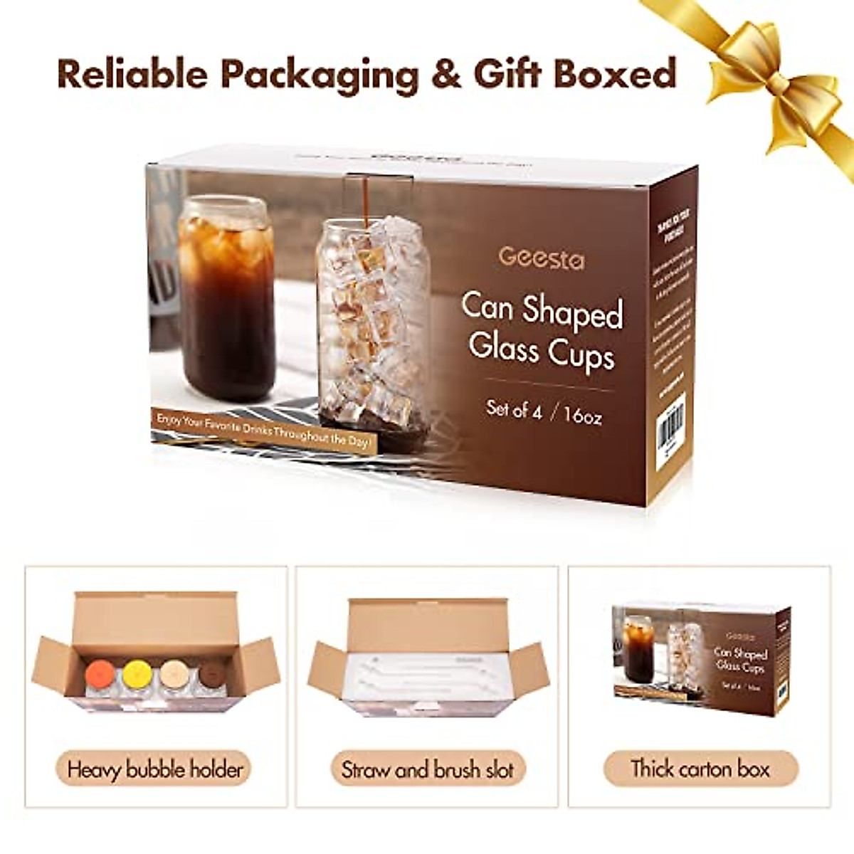 Glass Cups with Silicone Lids and Straws, 4pcs Set 16oz Beer Can Shaped Drinking Glasses, Cute Iced Coffee Glass Cups with 2 Cleaning Brushes, Perfect for Cocktail, Soda, Juice, Whiskey, Gift