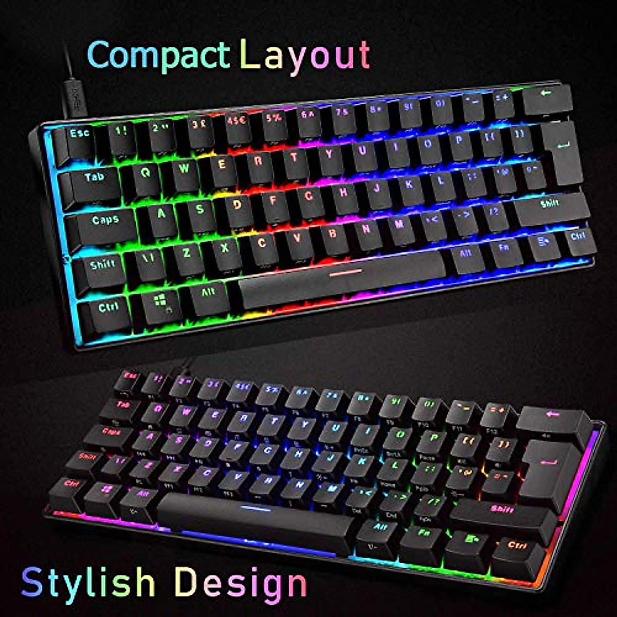 ZIYOU LANG MK21 Portable 60% Mechanical Gaming Keyboard Untra-Compact Type-c Wired with Light Up Chroma LED Backlit Non-Conflict 61 Key TKL Ergonomic for PS4 PS5 PC Mac Windows(Black/Blue Switch)