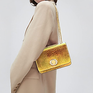 Gabrine Womens Evening Bag Holographic Snake Skin Leather Shoulder Bag Crossbody Bag with Detachable Chain, Yellow