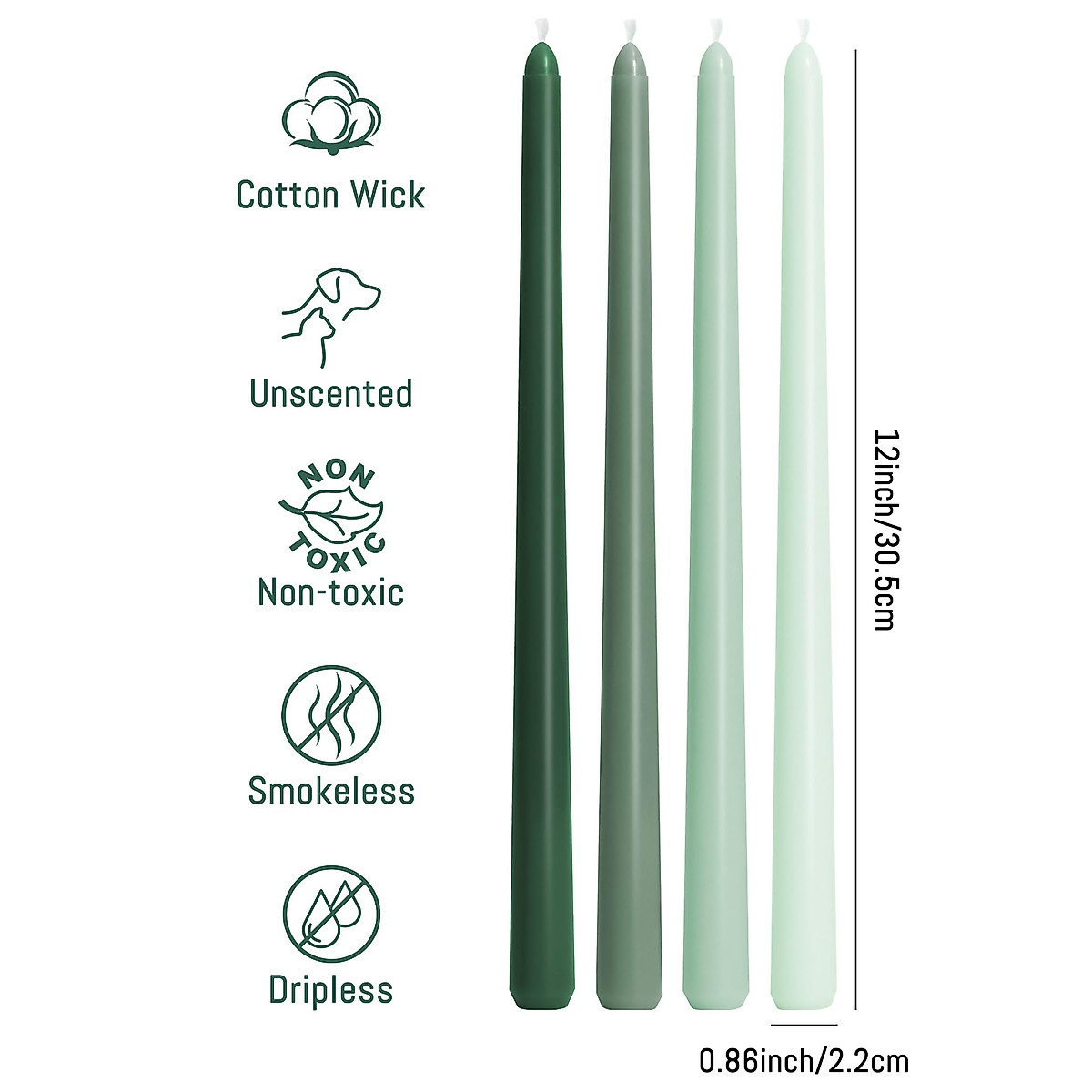 Viyffo Taper Candles 12 Inch Green Set of 4 Unscented, Dripless, Smokeless Long Tall Tapered Candlesticks Wedding Home Decor Dinner Natural Color Series