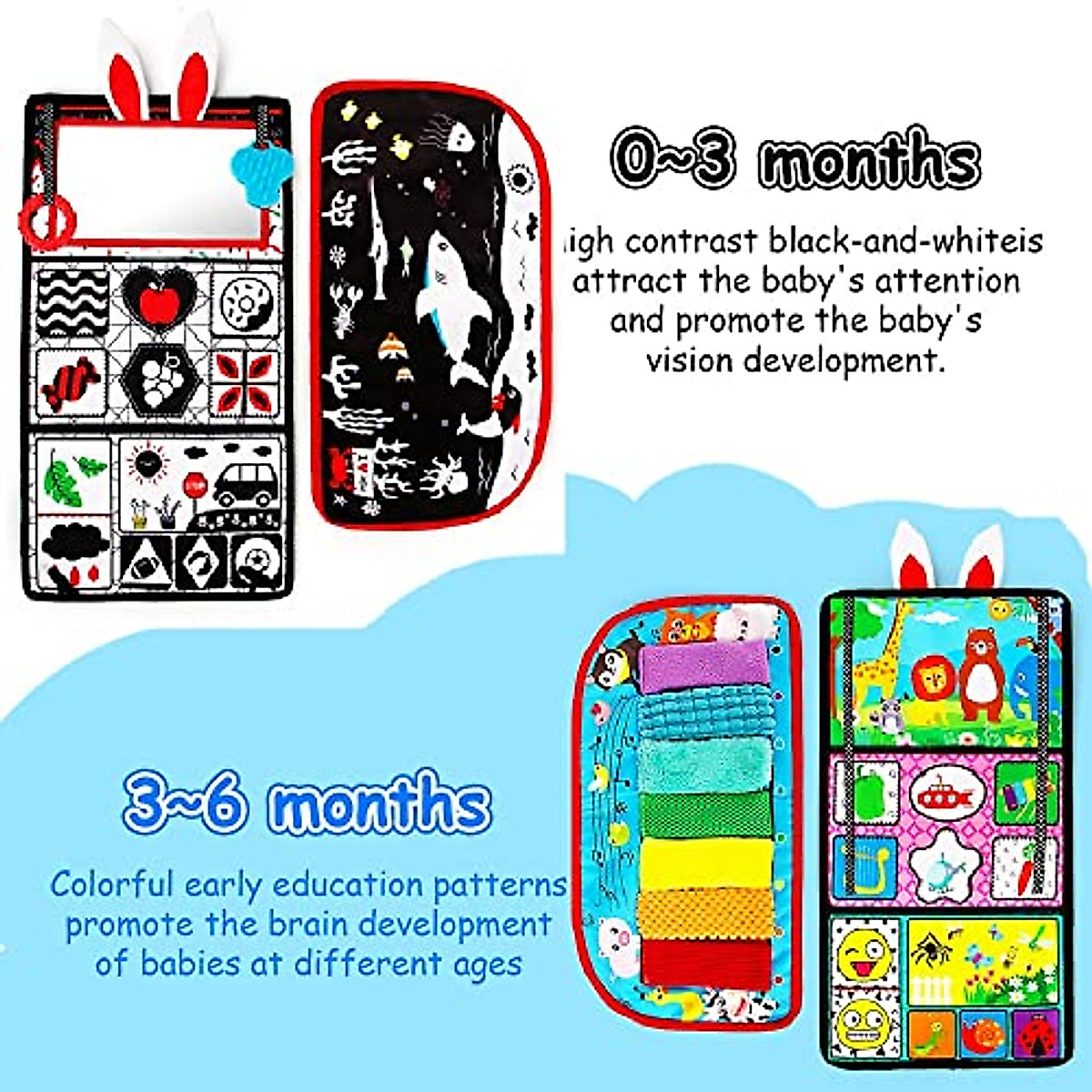 Inbeby Tummy Time Mirror Toy & Baby Mirror Toys, Black and White High Contrast Baby Newborn Toys 0 3 6 Months Brain Development, Sensory Texture Piano Infant Toys 0 3 6 Months with Squeaker