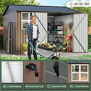 HOGYME 10x10 FT Outdoor Storage Shed, Large Metal Tool Sheds with Updated Frame Structure and Lockable Doors, Garden Shed for Backyard Garden Patio Lawn, Brown