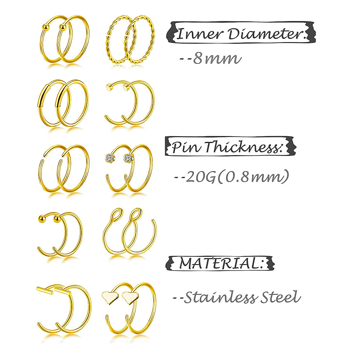 Tornito 20G 38Pcs Stainless Steel L Bone Screw Shaped Nose Studs Nose Rings CZ Hoop Tragus Cartilage Nose Ring Labret Nose Piercing Jewelry for Men Women Rose Gold Tone (G:38Pcs, Gold&Screw)