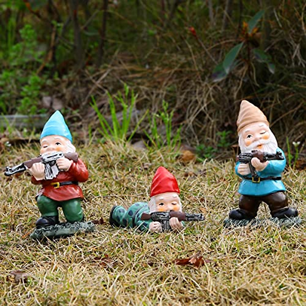 PERFECTOP 3Pcs Military Soldier Garden Gnomes with Guns AK47, Funny Army War Combat Defender Gnome Statue Figurines, Indoor Outdoor Patio Yard Lawn Desktop Decor, Thanksgiving Christmas Ornament Gift