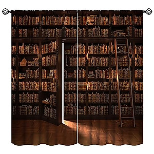 Mysterious Library Curtains, Retro Bookcase with Secret Door, Vintage Bookshelf Bookcase Print Thermal Insulation Rod Pocket Blackout Window Drapes for Living Room Bedroom 42x45 Inch