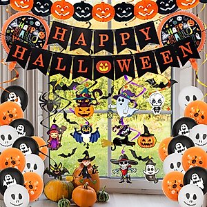 52 PCS Halloween Party Decorations Set Include Happy Halloween Banner, Pumpkin Banner, Hanging Swirl Streamers, Bats Wall Decor, Halloween Balloons Home Decor Party Favors Supplies