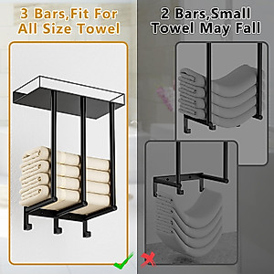 Ovicar Towel Racks for Bathroom - Wall Mounted Towel Rack with Metal Shelf & 3 Hooks, 3 Bars Wall Towel Holder for Small Bathroom, Bath Towel Storage for Rolled Towels Organizer (Black)