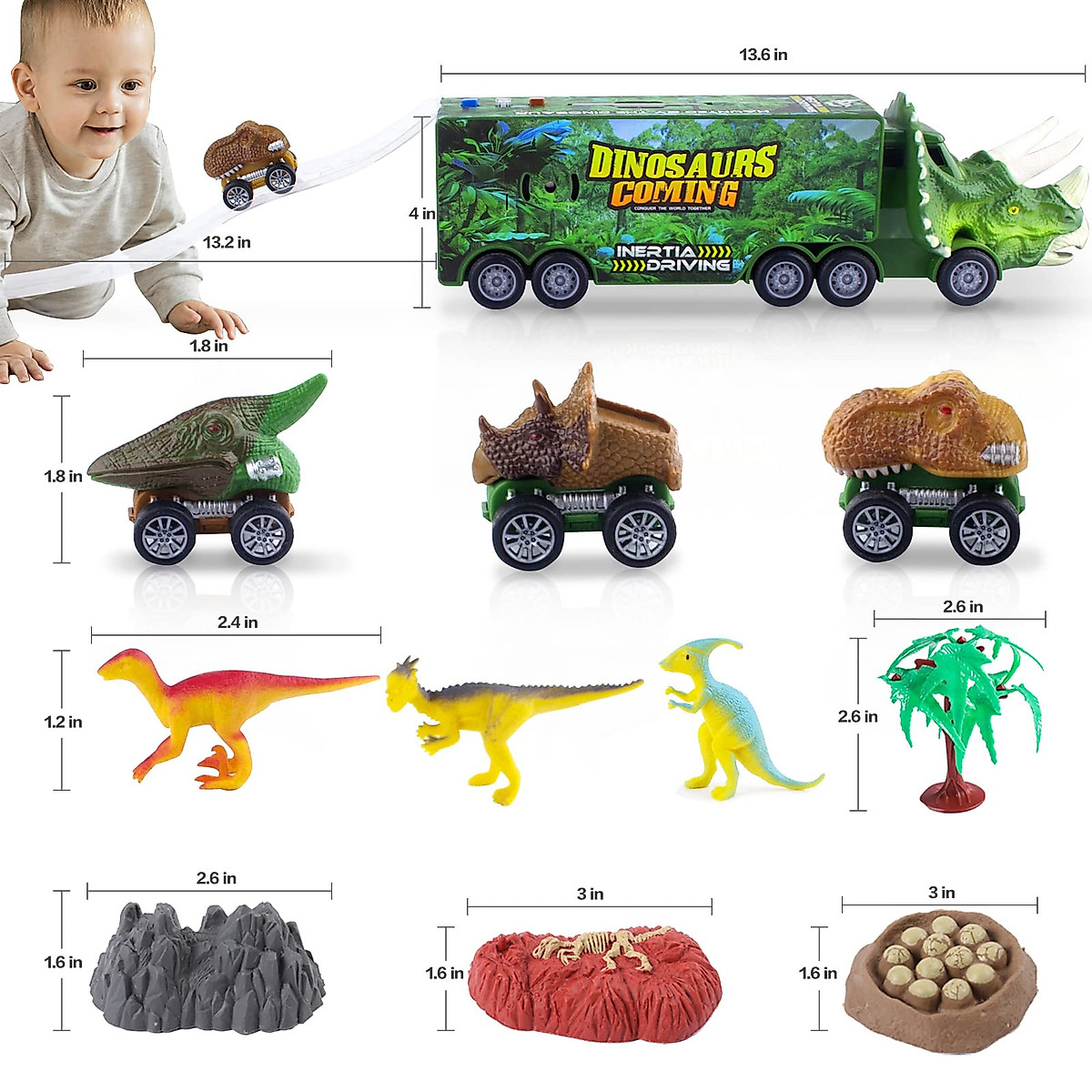 UOLIWO Dinosaur Truck Carrier for Boys and Girls, Car Transporter Toy with Light Sound Kids Dinosaur Toys Set with Pull Back Car Launcher Track Dinosaur Park Pretend Toy Baby Infant Toys Kids Gift