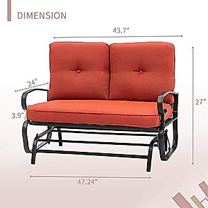 Oakmont Outdoor Glider Rocking Bench 2 Person Patio Loveseat Steel Frame Furniture Set with Removable Cushion for Patio, Garden, Yard, Porch (Red)