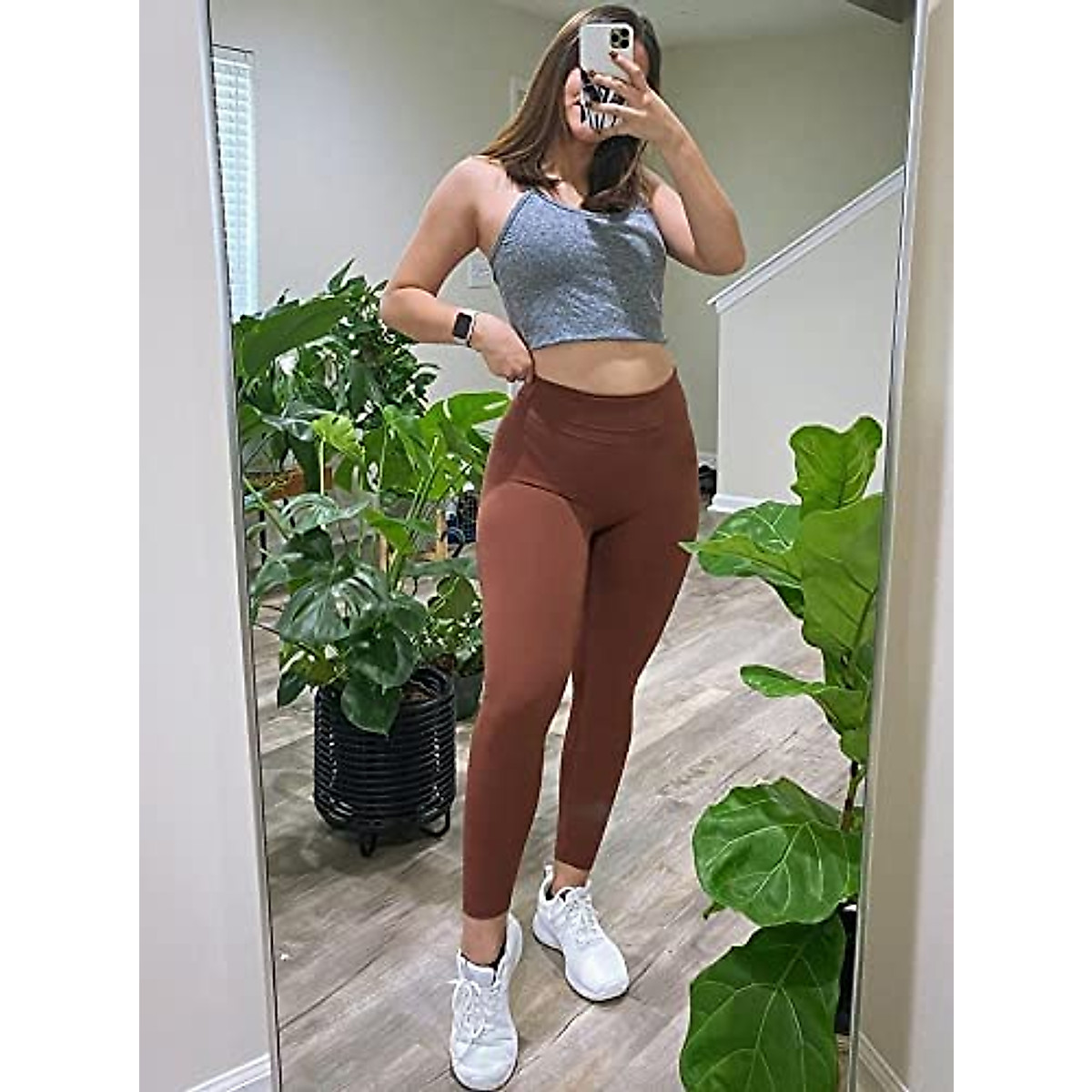 TomTiger Yoga Pants for Women 25''- High Waist Workout Leggings Tummy Control Butt Lifting Booty Tights 7/8 (Brown,M)