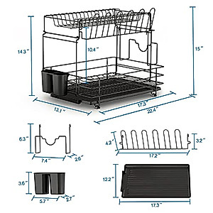Dish Drying Rack, Auledio Dish Organizer 2 Tier Dish Drain with Utensil Holder, Cutting Board Holder, Cup Holder, Dish Racks for Kitchen Counter