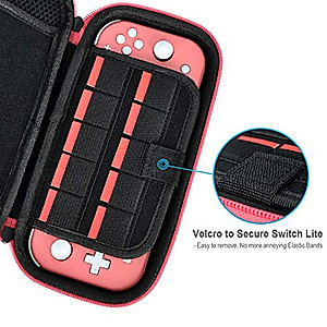 Daydayup Switch Case Compatible with Nintendo Switch Lite with 2 Pack Screen Protector & 6 Pcs Thumb Grip, 20 Game Cartridges Hard Shell Travel Carrying Switch Lite Console & Accessories, Red