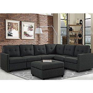 asunflower Sectional Sofa Ottoman Set Modular Couch with Console Cup Holder,6 Seater Modern Sectional Couches for Livning Room Corner L Shape Fabric Sofa Couch with Charge Ports, Dark Grey