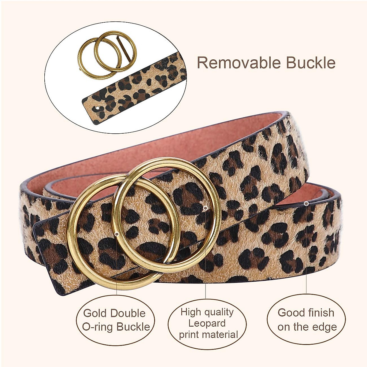 SUOSDEY Women's Leopard Print Leather Belt for Jeans Dresses Fashion Waist Belt with Gold Double Ring Buckle