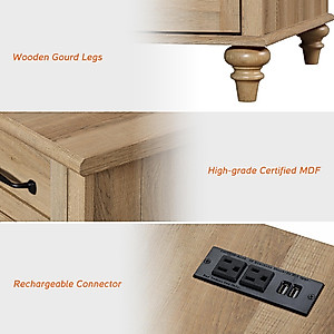 WAMPAT Night Stands for Bedrooms Set of 2 End Tables with Charging Station, 2 Drawer Nightstand Wooden Bedside Table, Farmhouse Side Table for Living Room, Oak