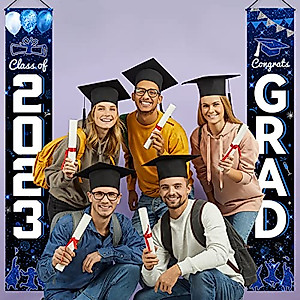 2023 Graduation Decorations-Class of 2023 Congrats Grad Porch Sign Banner,Door Hanging Welcome Banner for Blue Graduation Party Supplies
