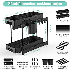 2Pack Under Sink Organizers and Storage Double Sliding,2 Tier Pull Out Cabinet Organizer Bathroom Storage Organizer with Hooks Hanging Cups Dividers,Under Sink Storage for Bathroom Kitchen Countertop
