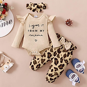 OLLUISNEO 0-3 Months Baby Girl Clothes Infant Romper Outfits Ruffle Sleeve Top Leopard Pant Set Newborn Baby Clohtes for Girls