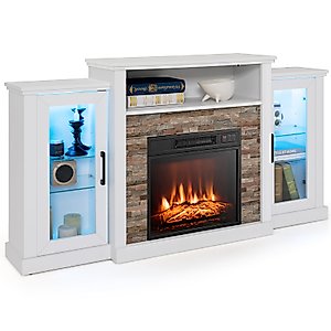 Tangkula Electric Fireplace TV Stand, Electric Fireplace Mantel with 16-Color Led Lights, Adjustable Glass Shelves, Remote & Smart APP Control, TV Console for Living Room (White)