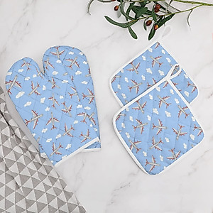 Airplane in The Sky Print Oven Mitts and Pot Holders 4 Piece Set Gloves and Potholders for Kitchen Cooking