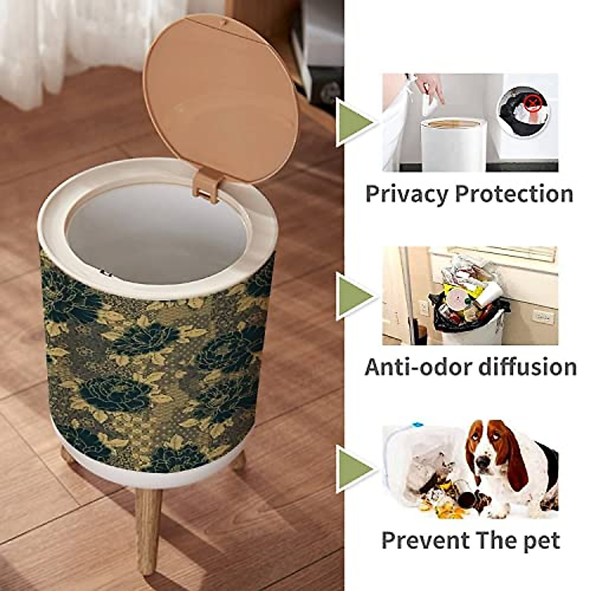 IBPNKFAZ89 Small Trash Can with Lid Japanese Peony Flowers with Traditional Fabric Patchwork Abstract Garbage Bin Wood Waste Bin Press Cover Round Wastebasket for Bathroom Bedroom Office Kitchen