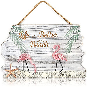 Juvale Flamingo and Life is Better at The Beach Hanging Wall Decoration (14 x 9 Inches)