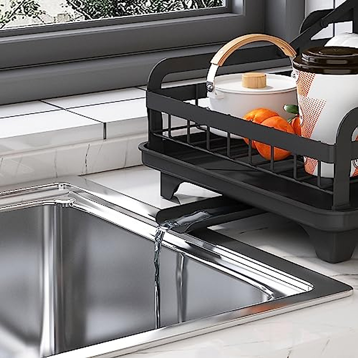 bukfen New Over The Counter Dish Rack(16.3 * 11.4 * 10.8in, Black), 2-Tiers, No Installation Stainless Steels Multifunctional Dish Drying Rack for Draining Plates