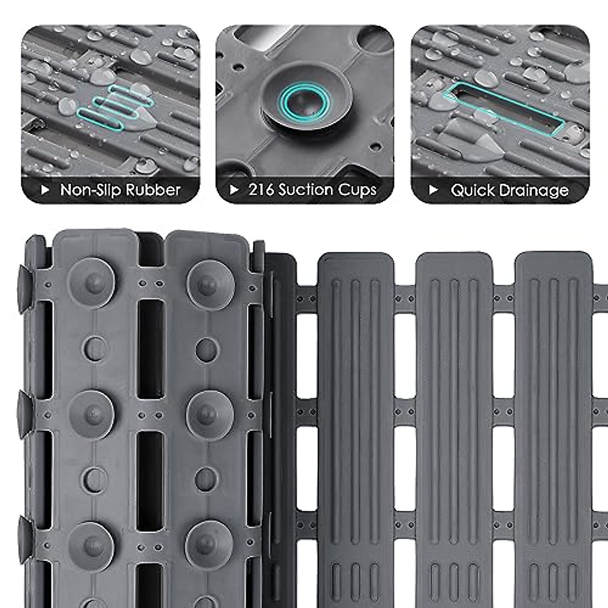 WELTRXE Bath Tub Shower Mat Non Slip Bathtub Mats for Bathroom Shower Floor Mat Dark Grey Soft TPE Bath Mats for Tub/Shower, 27"x15.7" Anti Slip Shower Mat Washable with Drain Hole and Suction Cups