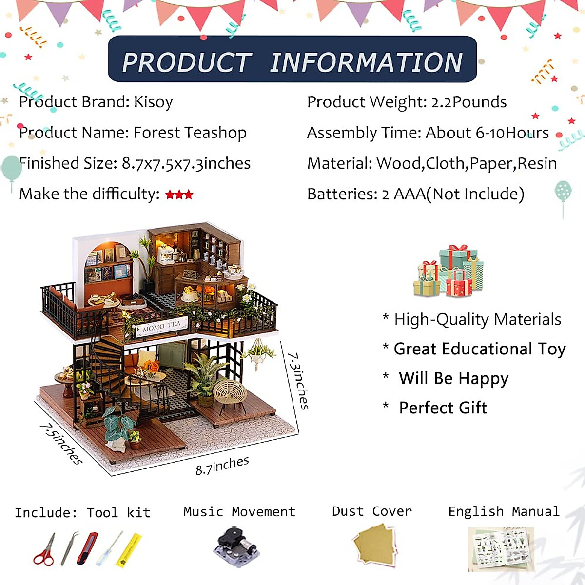 Kisoy Dollhouse Miniature with Furniture Kit, Handmade DIY House Model for Teens Adult Gift (Forest Teahouse)