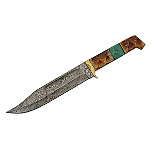 Szco Supplies 13"" Bone/Turquoise Handle Damascus Steel Bowie Blade Knife with Sheath, brown/turquoise (DM-1256)