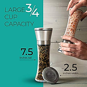 Salt and Pepper Grinder Set Of 2 - Adjustable Ceramic Coarseness, Stainless Steel, Glass Refillable Salt and Pepper Shakers & Mills For Spice, Black Peppercorn, Salt W/Wooden Spoon & Cleaning Brush