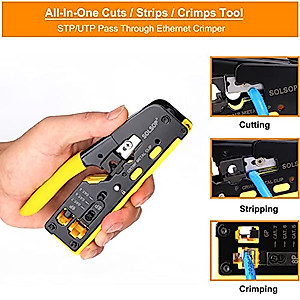 Solsop Network/Phone Cable Tester RJ45 Crimp Tool Pass Through Modular CAT6 Crimping Tool Kit, 50PCS CAT6 Pass Through Connectors, 50PCS RJ45 Boots, Mini Wire Stripper, Wire Cutter plier