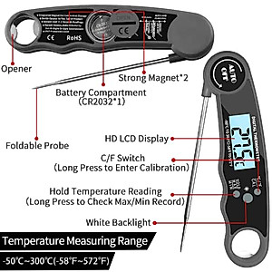 Instant Read Digital Meat Thermometer Waterproof (IP67) Read Food Thermometer for Cooking, Grilling, BBQ and Roast with Backlight Foldable Kitchen Probe Gadget.| Digital Meat Thermometer