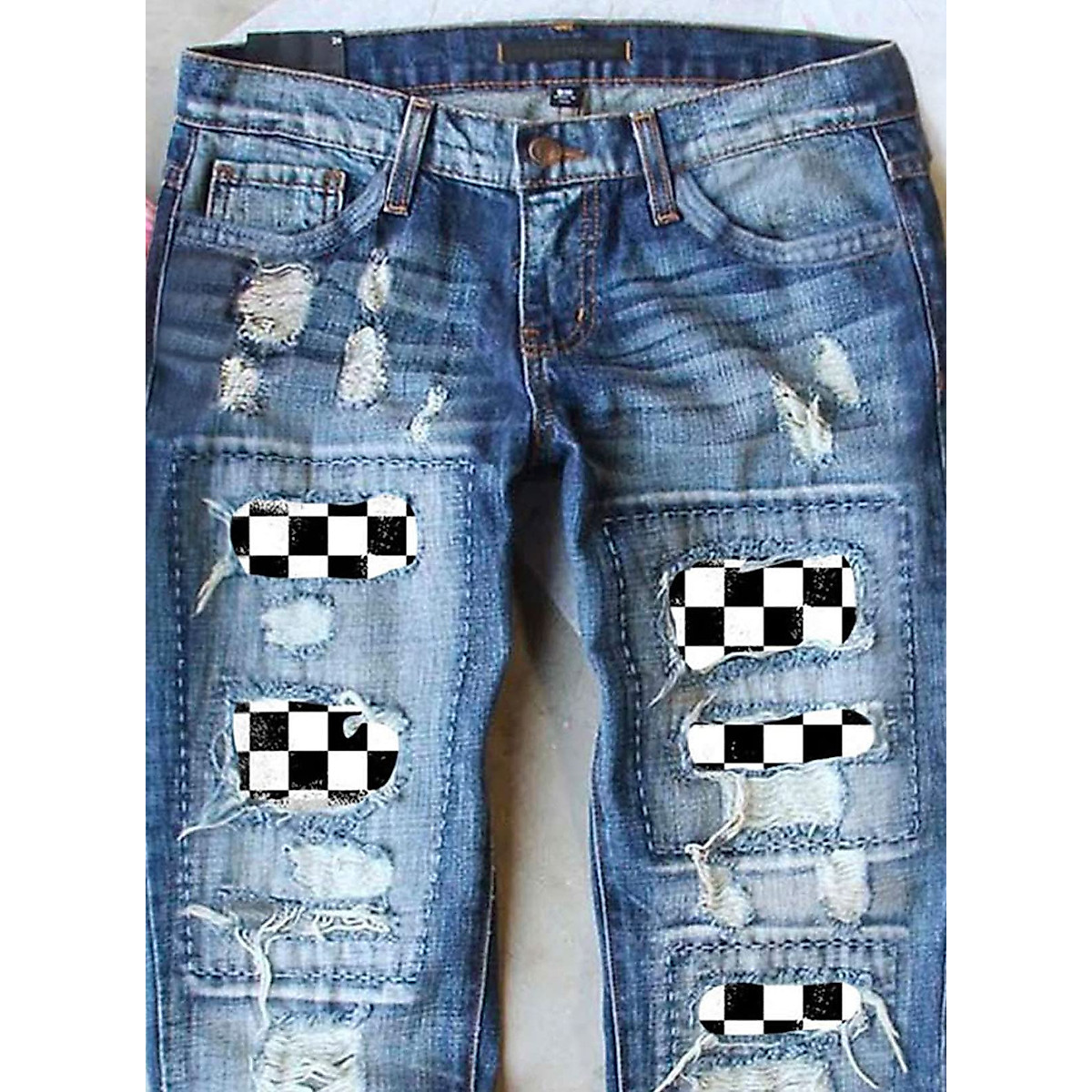 EVALESS Ripped Jeans for Women Boyfriend Distressed Patchwork Print Democracy Mom Jeans 2023 Fashion Wide Leg Losse Baggy Racing Denim Pants with Hole Blue Medium