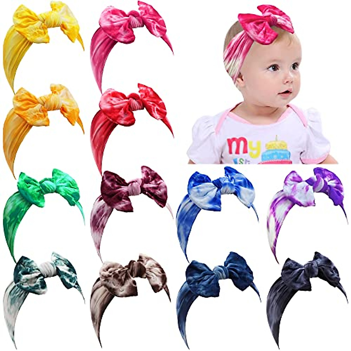 12 Nylon Bows Headbands with Soft Dye Bows for Newborn to 3 Months Baby Girls - Hair Accessories