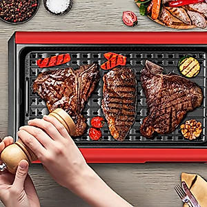 800R double Indoor Smokeless Grill Techwood 1500W Electric Grill with Tempered Glass Lid & LED Smart Control Panel, 8-Level Control Korean BBQ Grill, Red
