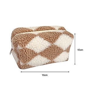 Cessfle Terry Cloth Small Makeup Bag, Checkered Plush Cosmetic Asthetic Plaid Handbags, Cute Zipper Travel Toiletry Soft Storage Pouch for Women