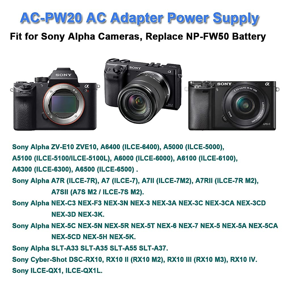 TKDY AC-PW20 Continuous Power Adapter NP-FW50 ZV-E10 Dummy Battery for Sony Alpha ZVE10 A6400 A6000 A6100 A5100 A7 A7II Cameras.